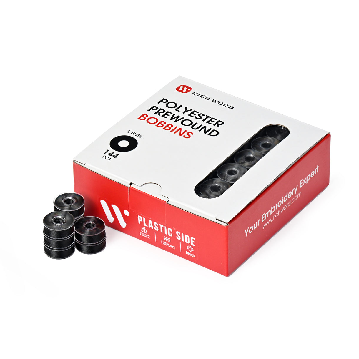 Style L Prewound Plastic Side 75D/2(60WT) Black Embroidery Bobbins(144 ...